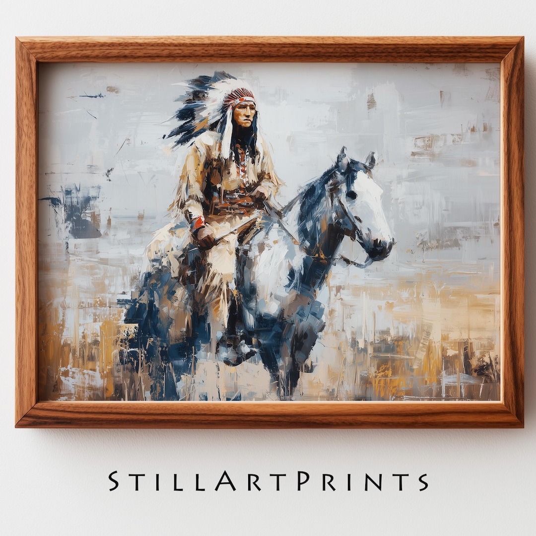 Native American Chief on Horse - Dramatic Rustic Western Art, Moody ...
