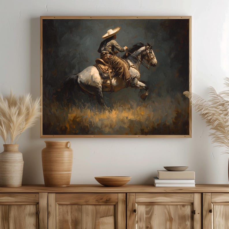 Rustic Mexican Charro on Rearing Horse Painting - Moody Western Art ...