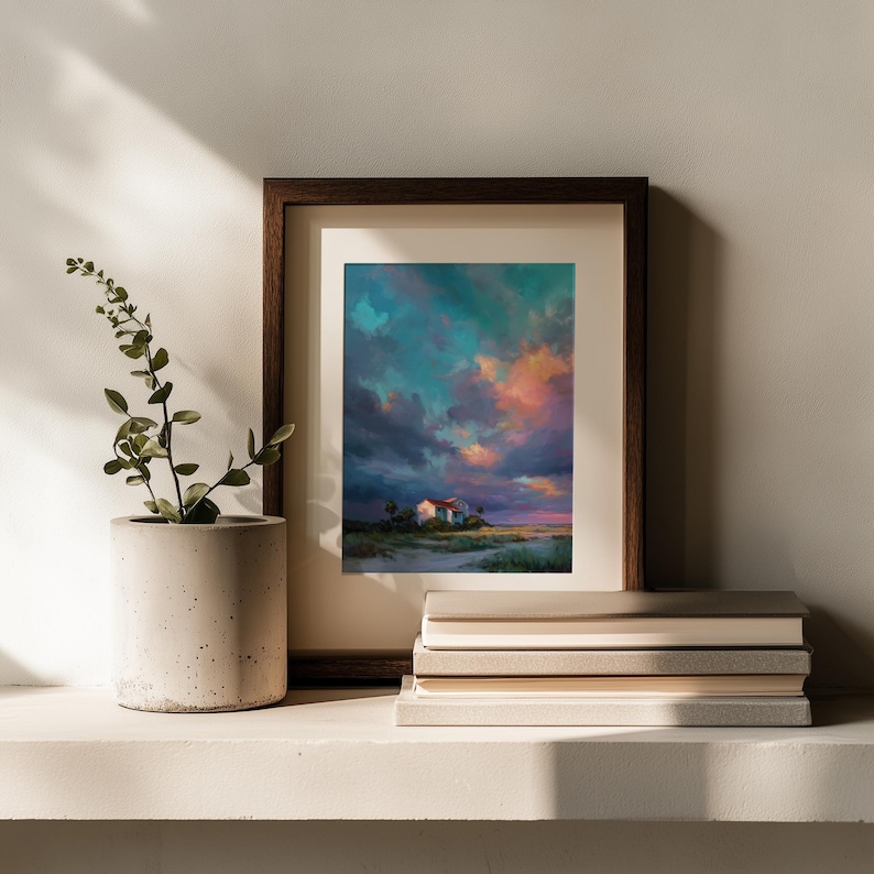 Moody Coastal Sunset Printable Art - Serene Beach House With Red Roof ...