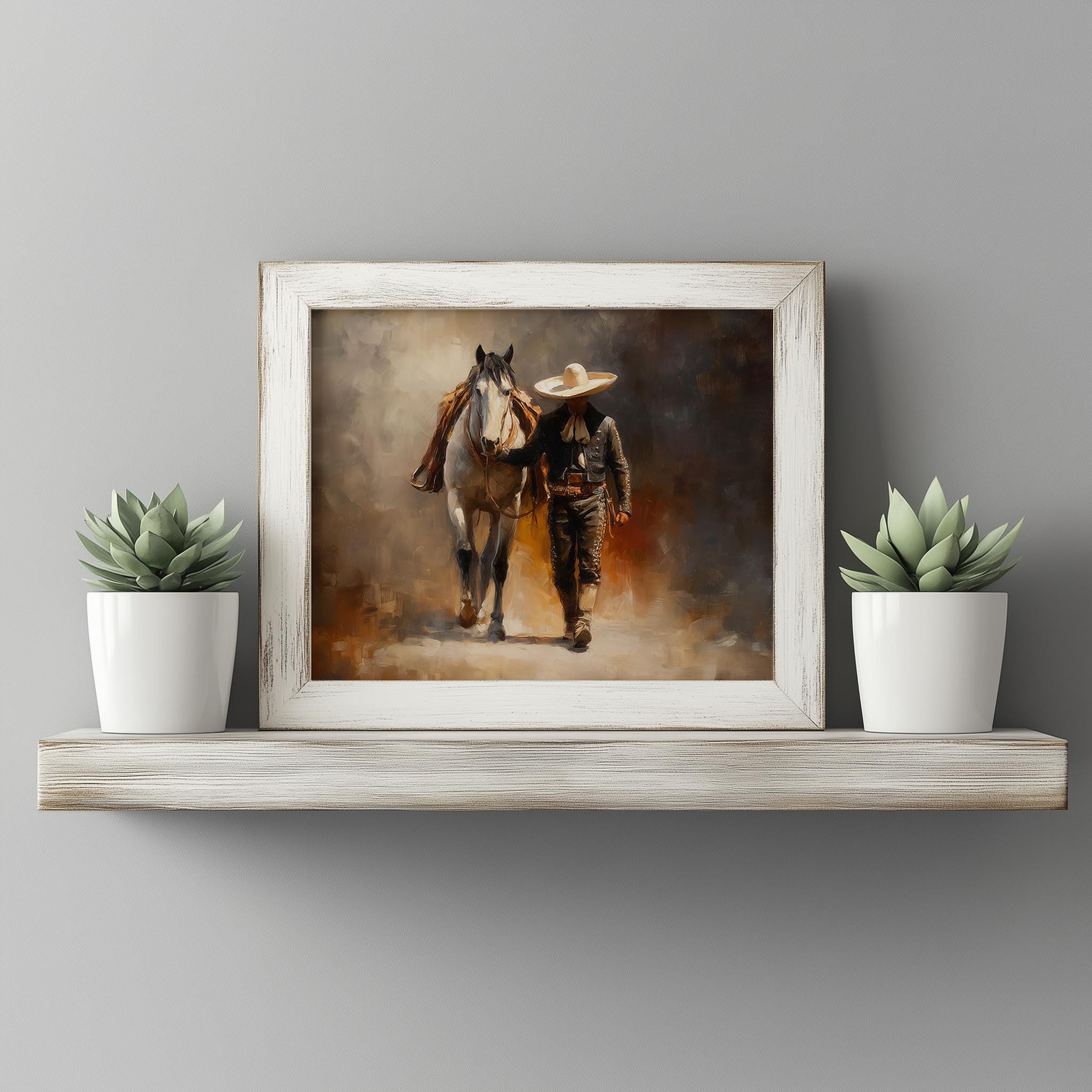 Rustic Mexican Charro Painting - Dramatic Cowboy and Horse in ...
