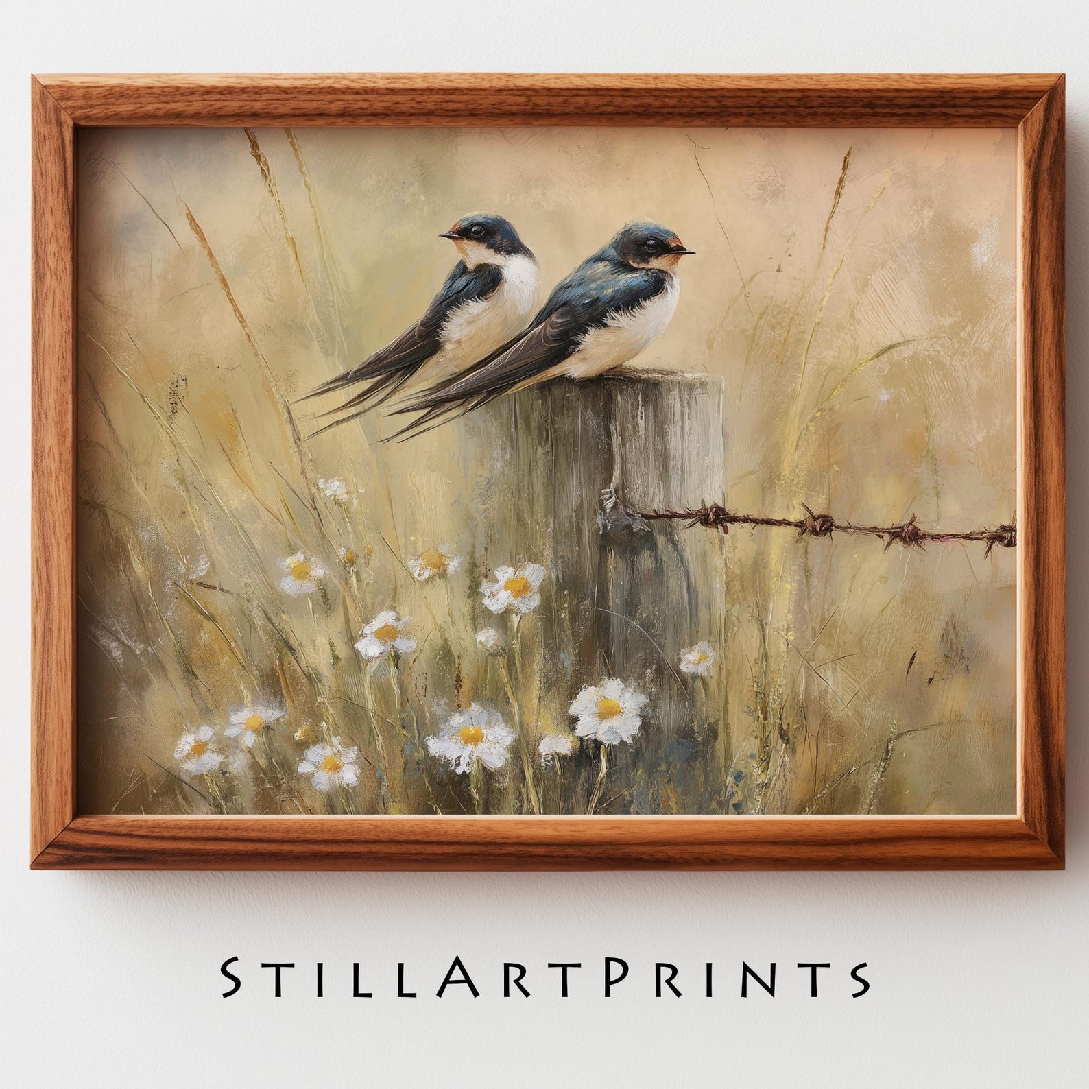 Vintage Barn Swallows on Weathered Fence Post - Rustic Cottagecore Art ...