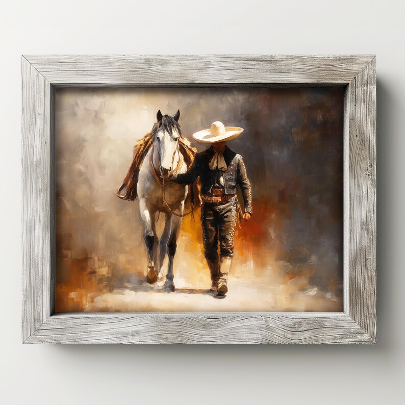 Rustic Mexican Charro Painting - Dramatic Cowboy and Horse in ...