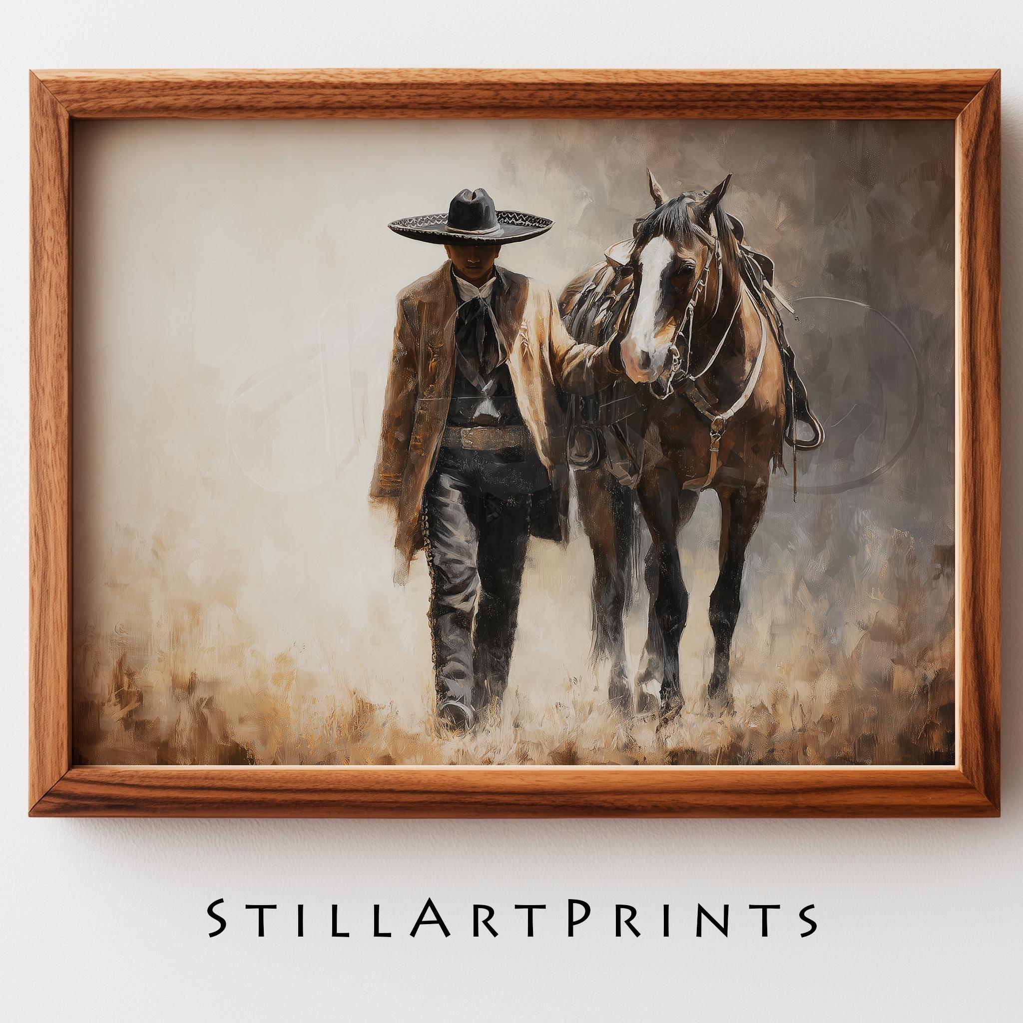Mexican Charro With Horse Painting - Rustic Meadow Scene, Vintage ...