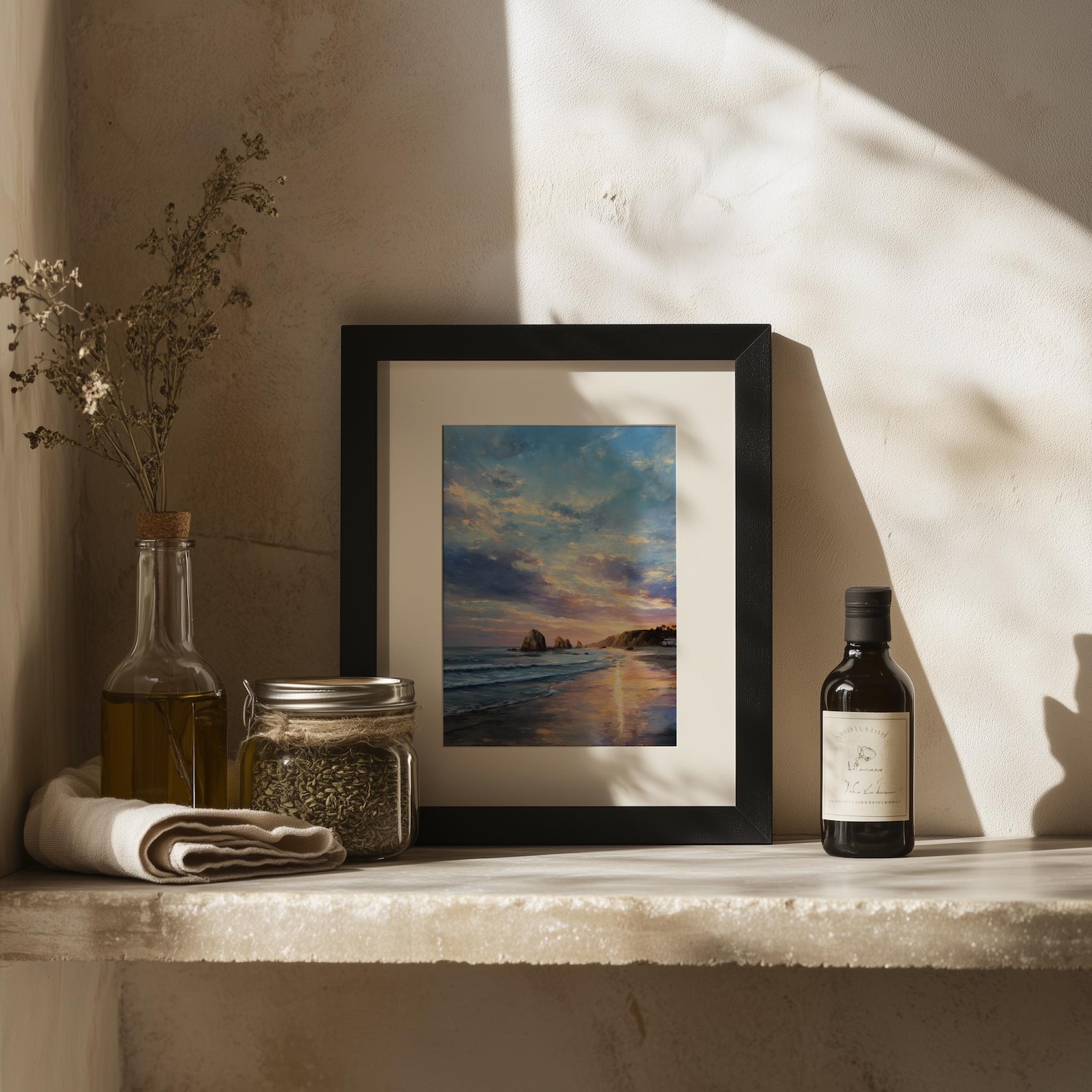 Moody Beach Sunset Watercolor - Serene Coastal Seascape, Reflective ...