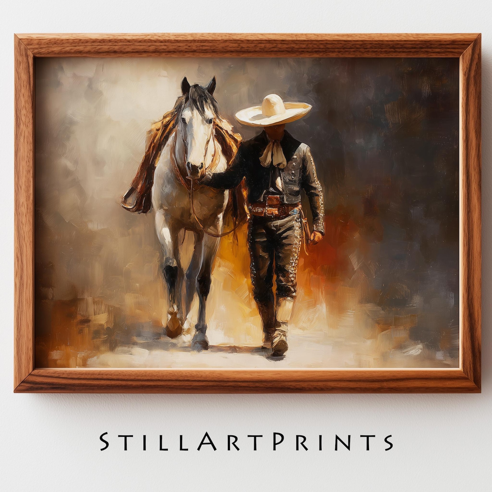 Rustic Mexican Charro Painting - Dramatic Cowboy and Horse in ...