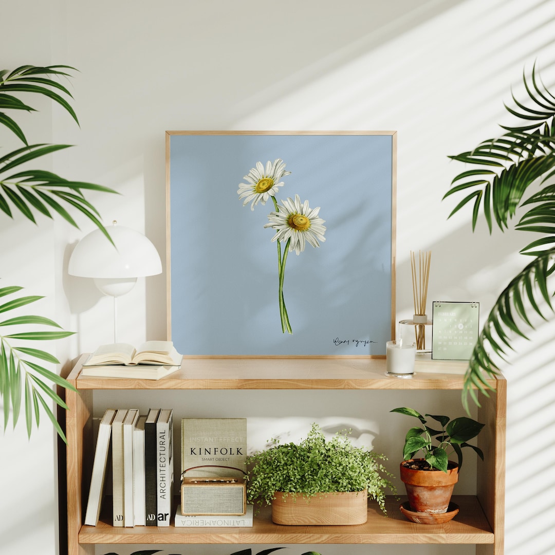 Daisies Pastel Blue Background - Botanical Watercolor Artwork - Floral ...