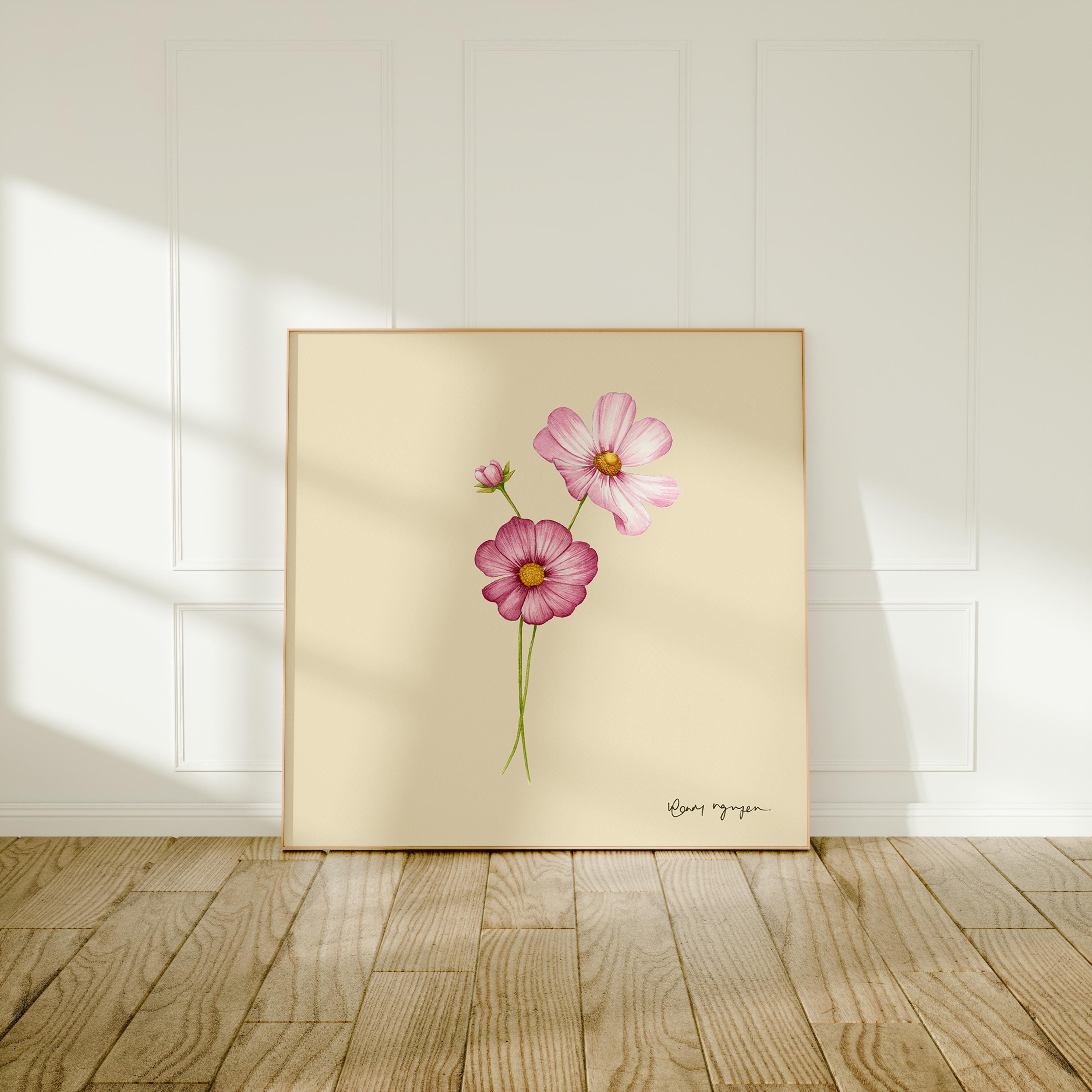 Cosmos Beige Background - Botanical Watercolor Artwork - Floral ...