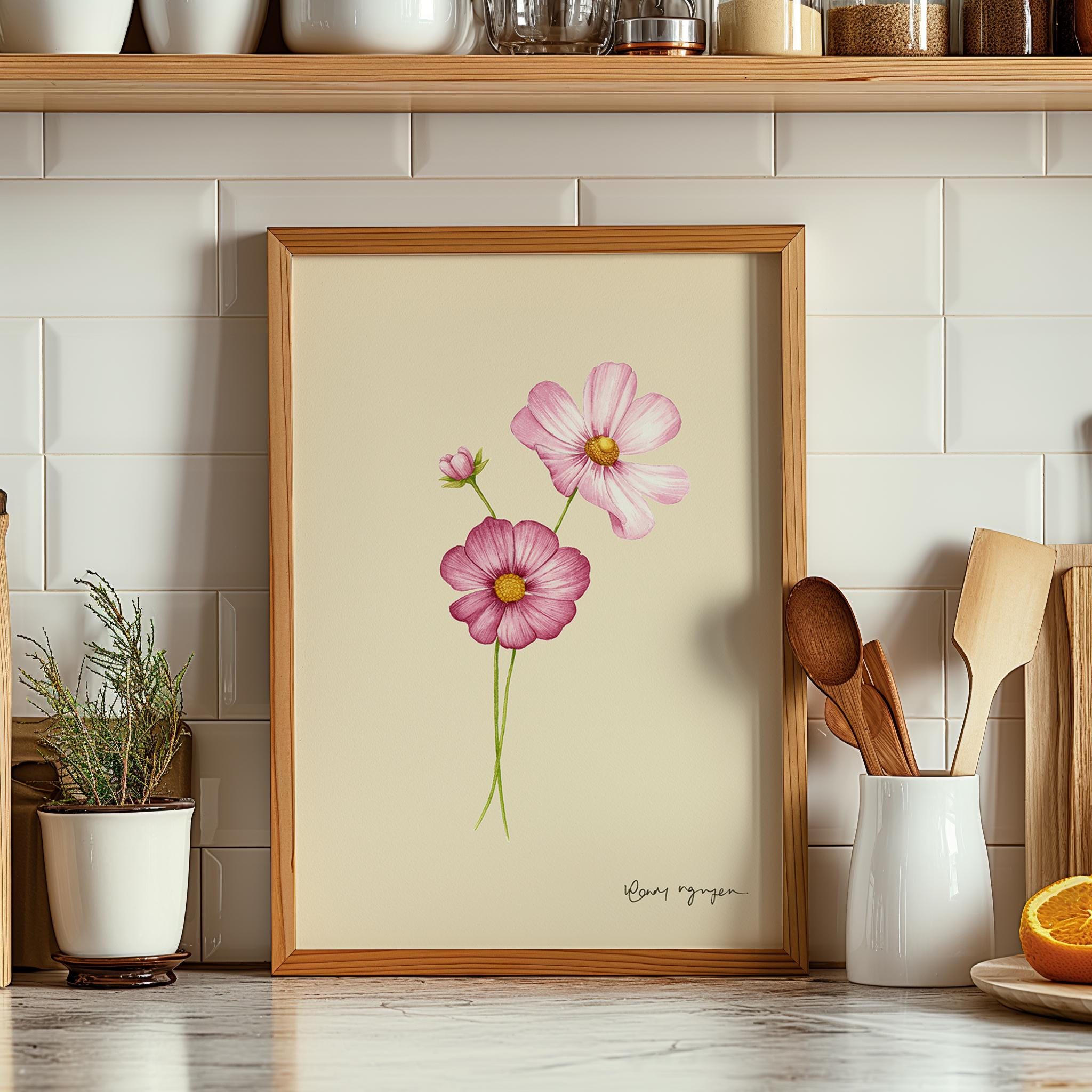 Cosmos Beige Background - Botanical Watercolor Artwork - Floral ...