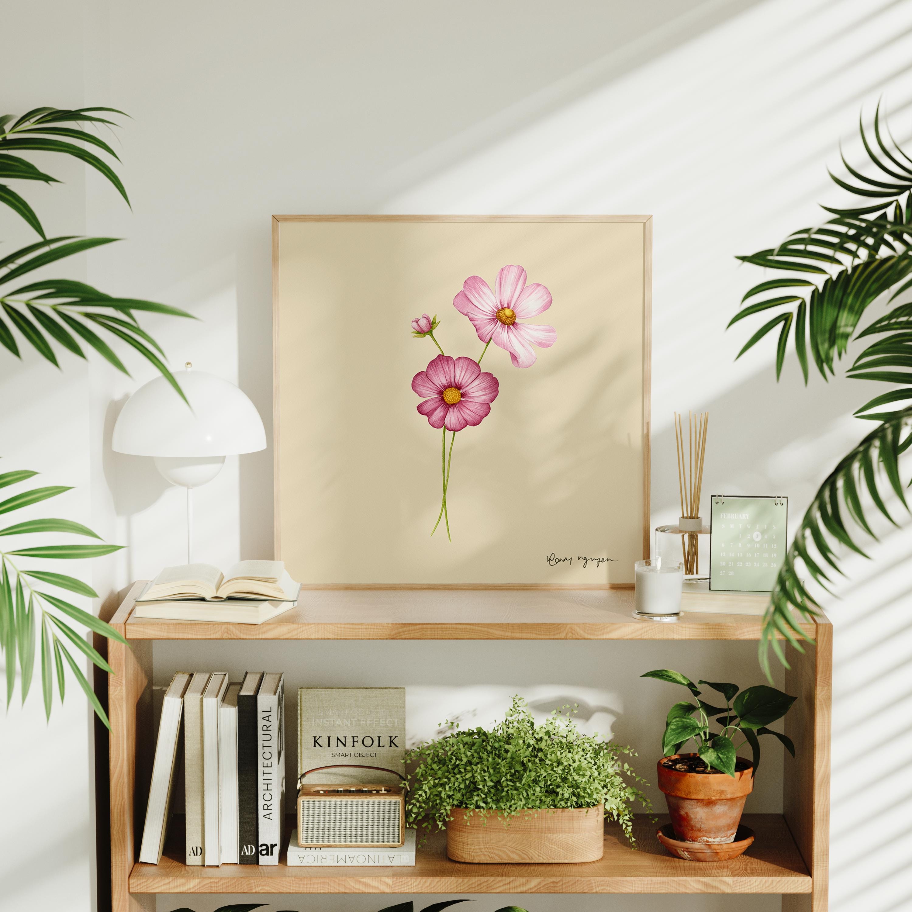 Cosmos Beige Background - Botanical Watercolor Artwork - Floral ...