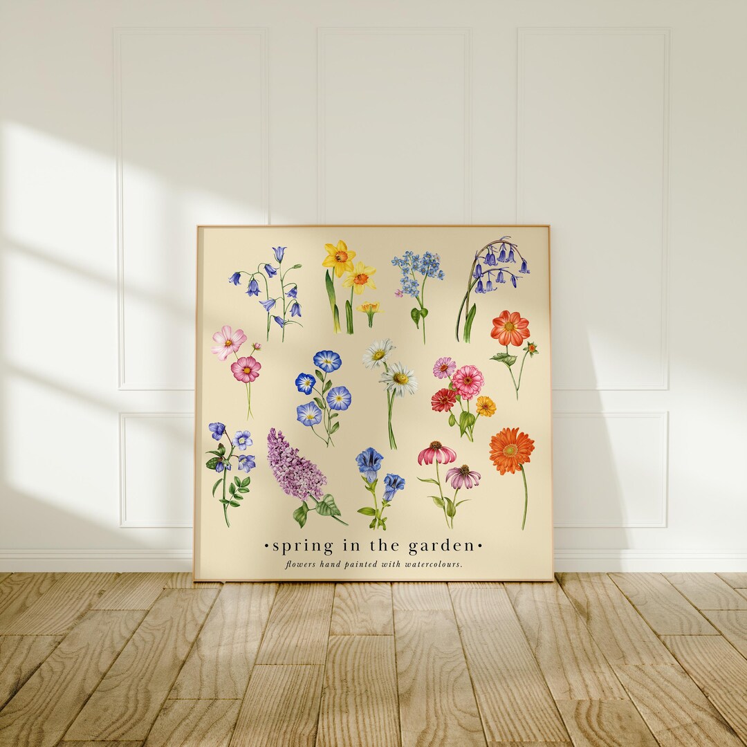 Spring in the Garden – Watercolor Wildflower Art Print Beige Background ...