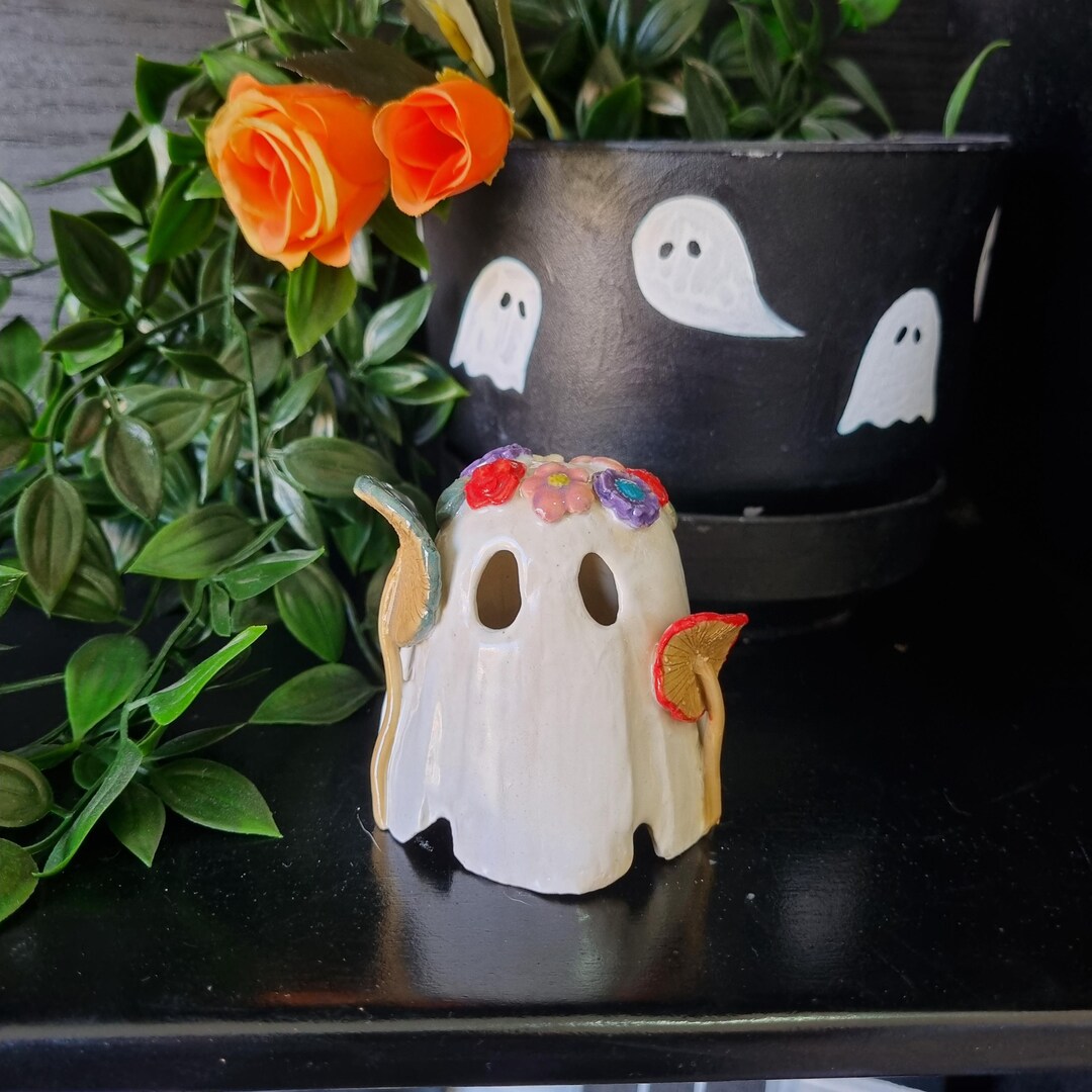 3in Medium Ceramic Sheet Ghost Boo With Flower Crown and 2 Mushrooms ...