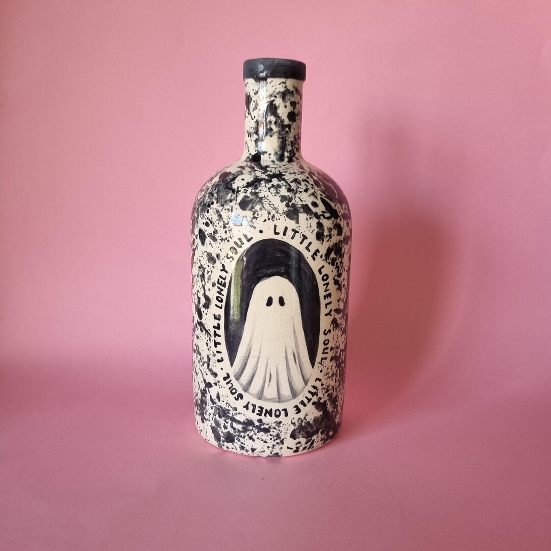 Large Black and White Ceramic Boo Ghost Bottle Vase With Splotchy ...