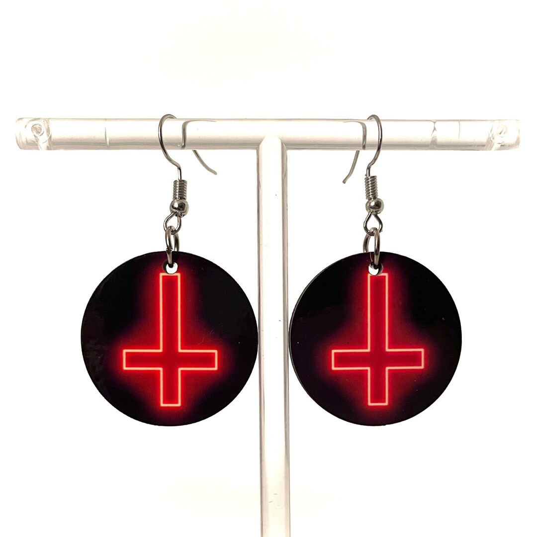 Satanic Inverted Cross Earrings Gothic Jewelry Black & Red Neon Tube ...