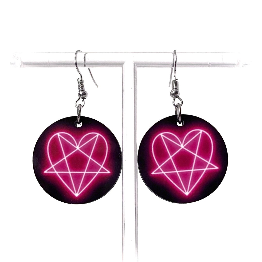 Inverted Pentagram Heart Satanic Earrings Pink Neon Look Gothic Jewelry ...