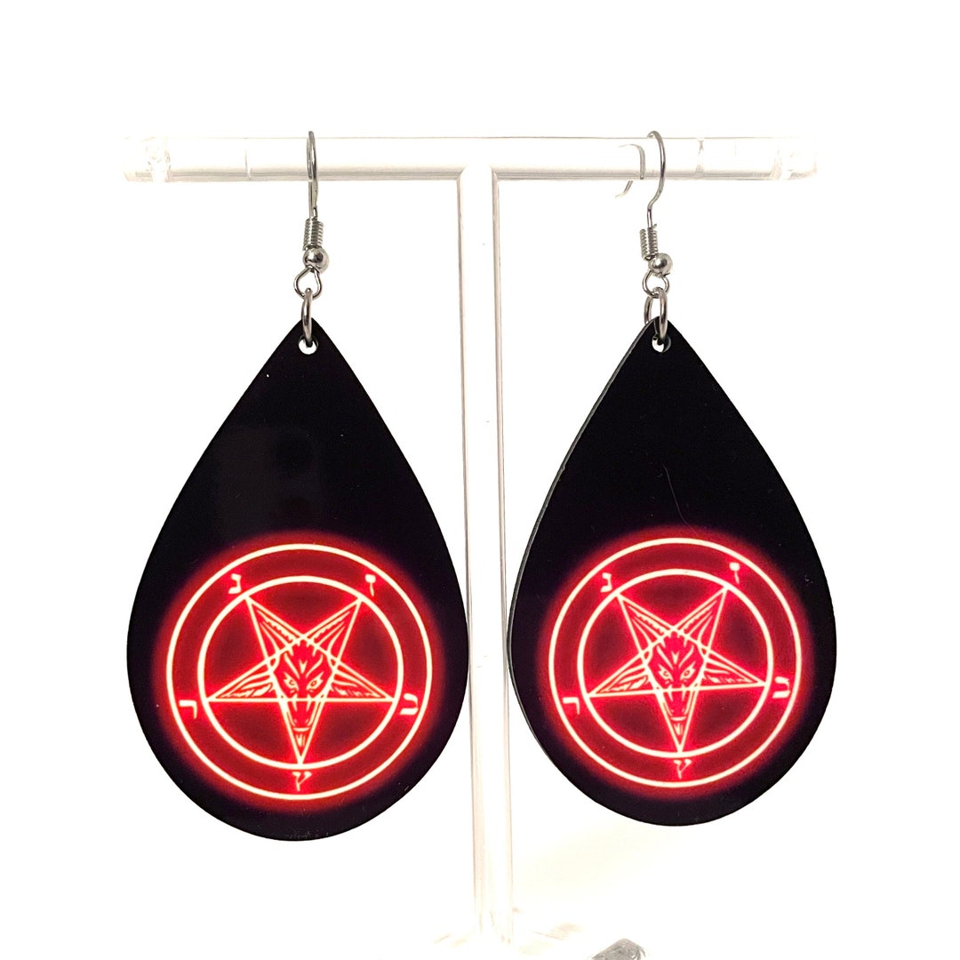 Baphomet Sigil Pentagram Satanic Earrings Gothic Jewelry Red Neon Look ...
