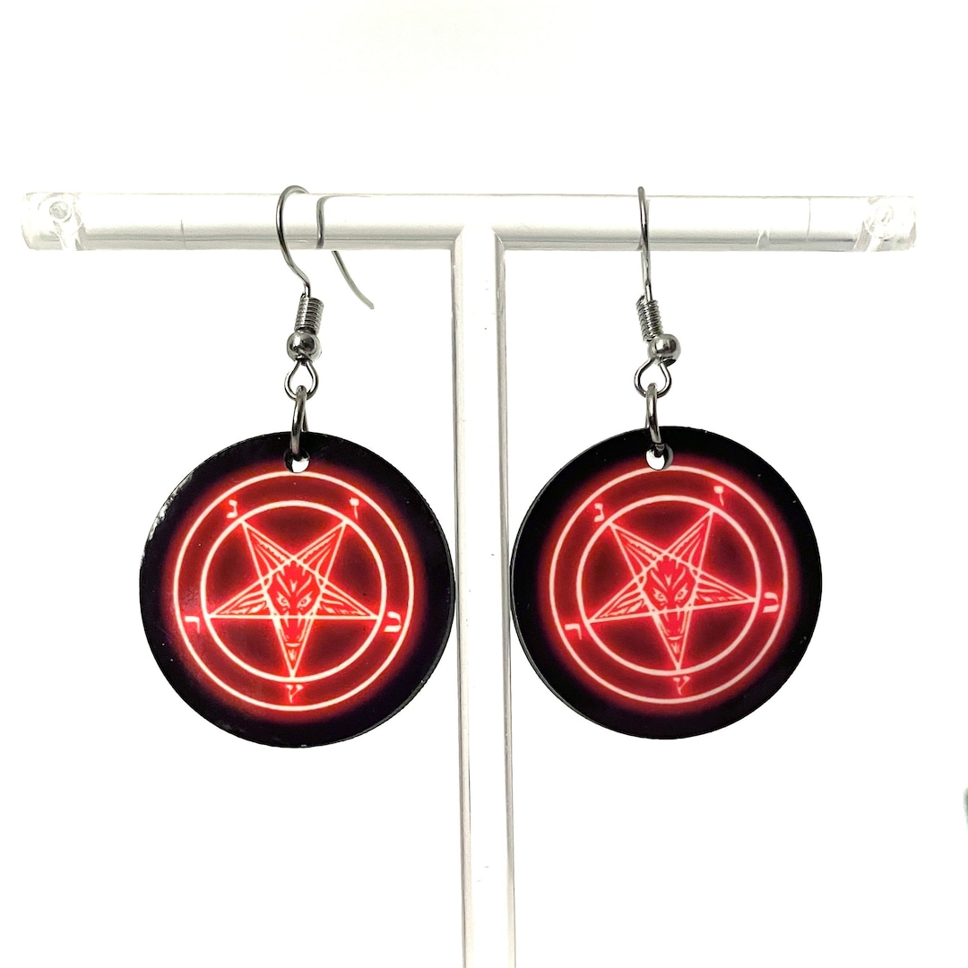 Baphomet Sigil Pentagram Satanic Earrings Red Neon Look Gothic Jewelry ...