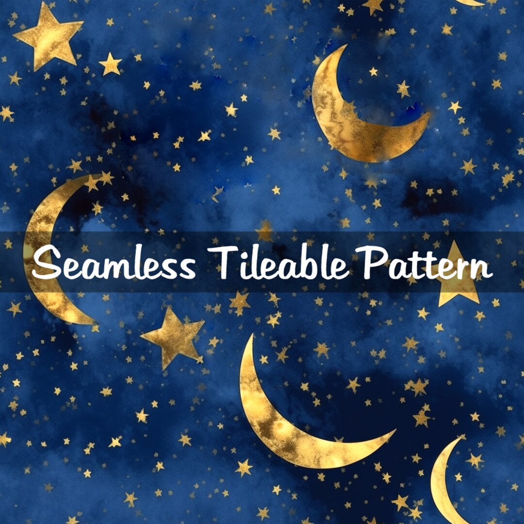 Gold Wizard Stars Moons on Blue Tileable Seamless Pattern Repeating ...