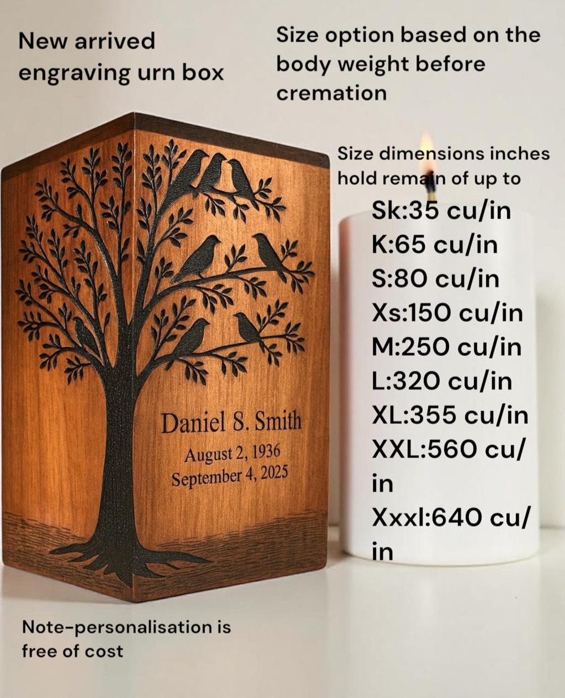Personalized Rosewood Urn Box – Engraved Tree and Birds, Memorial ...