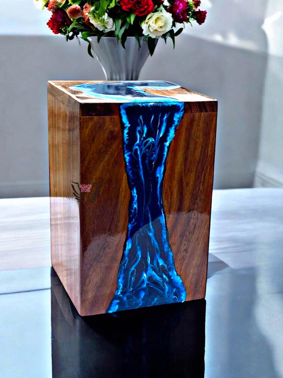 Handmade Wooden Resin Urn Box: Memorial Keepsake, Blue Inlay - Etsy