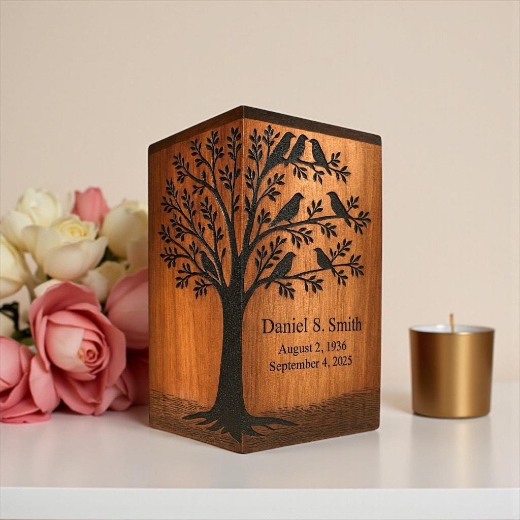 Personalized Rosewood Urn Box – Engraved Tree and Birds, Memorial ...