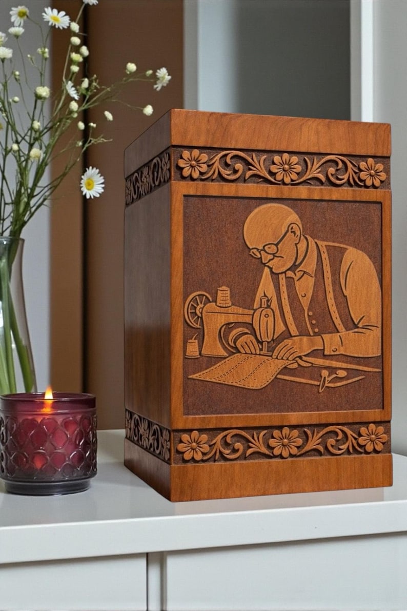 Handcrafted Wooden Urn Box – Tailor Sewing Machine Engraved Memorial ...