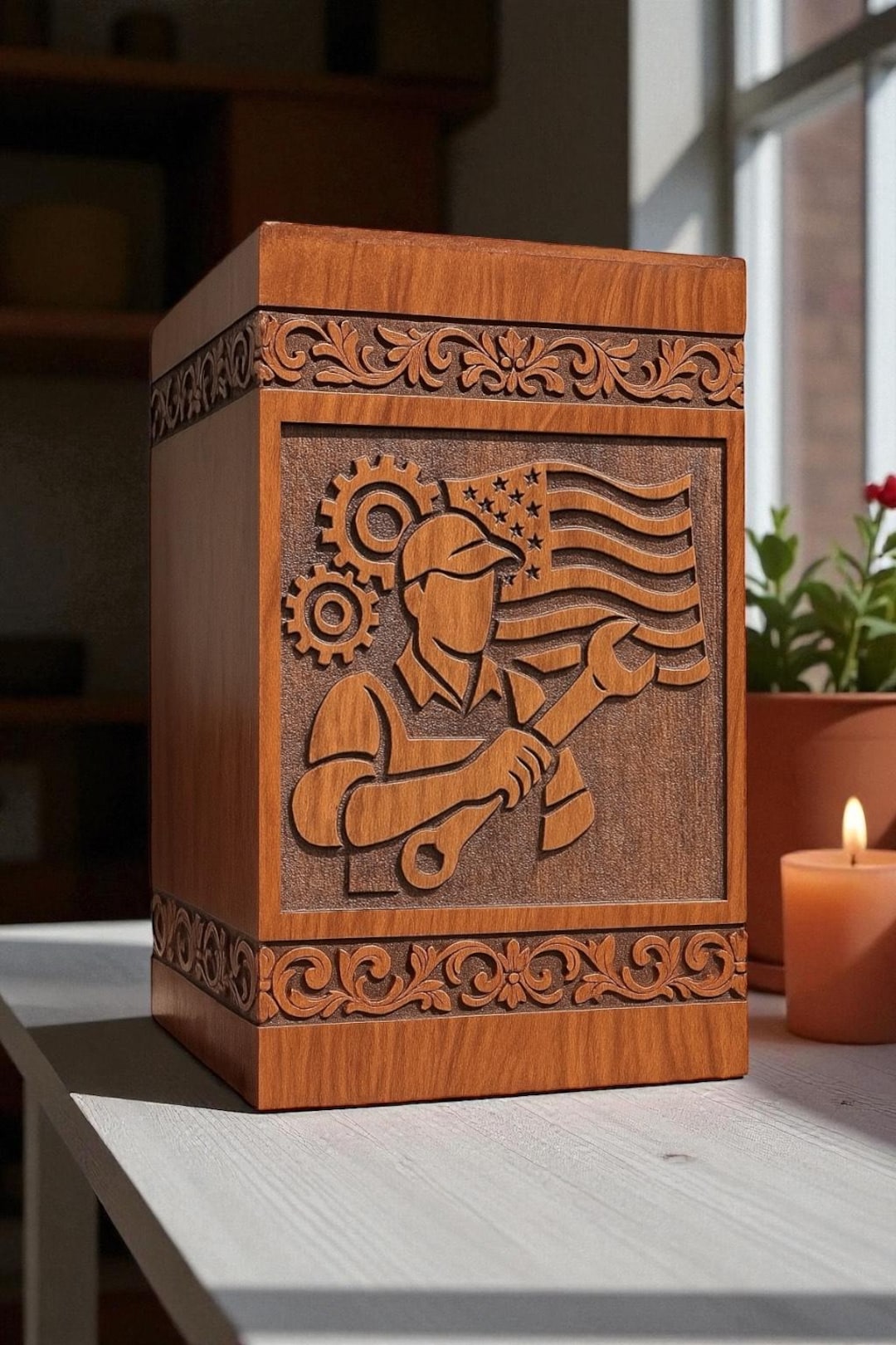 Engraved Wooden Cremation Urn: Wrench & Screwdriver Design - Mechanic ...