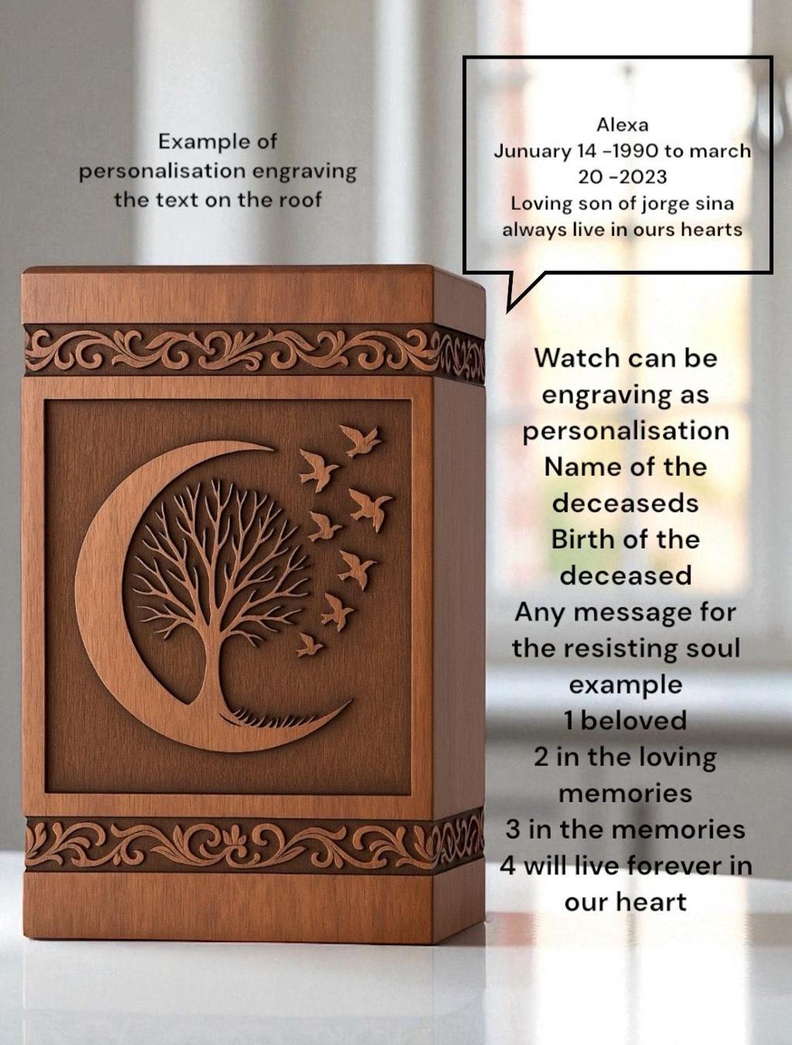 Personalized Wooden Cremation Urn: Engraved Moon, Tree & Birds Design ...