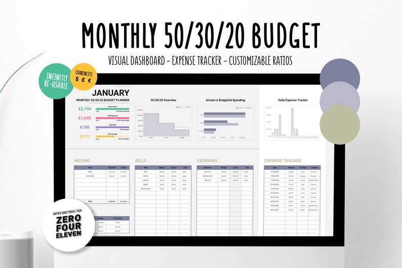 50/30/20 Monthly Budget Template and Expense Tracker / Digital Budget ...