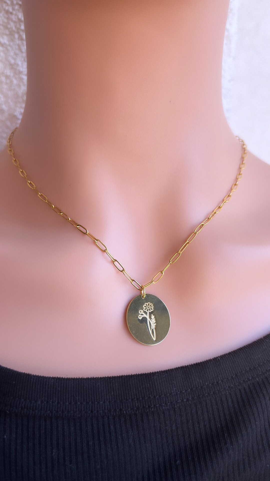 Gold Birth Flower Necklace With Paperclip Chain, Birthday Gift, Gift ...