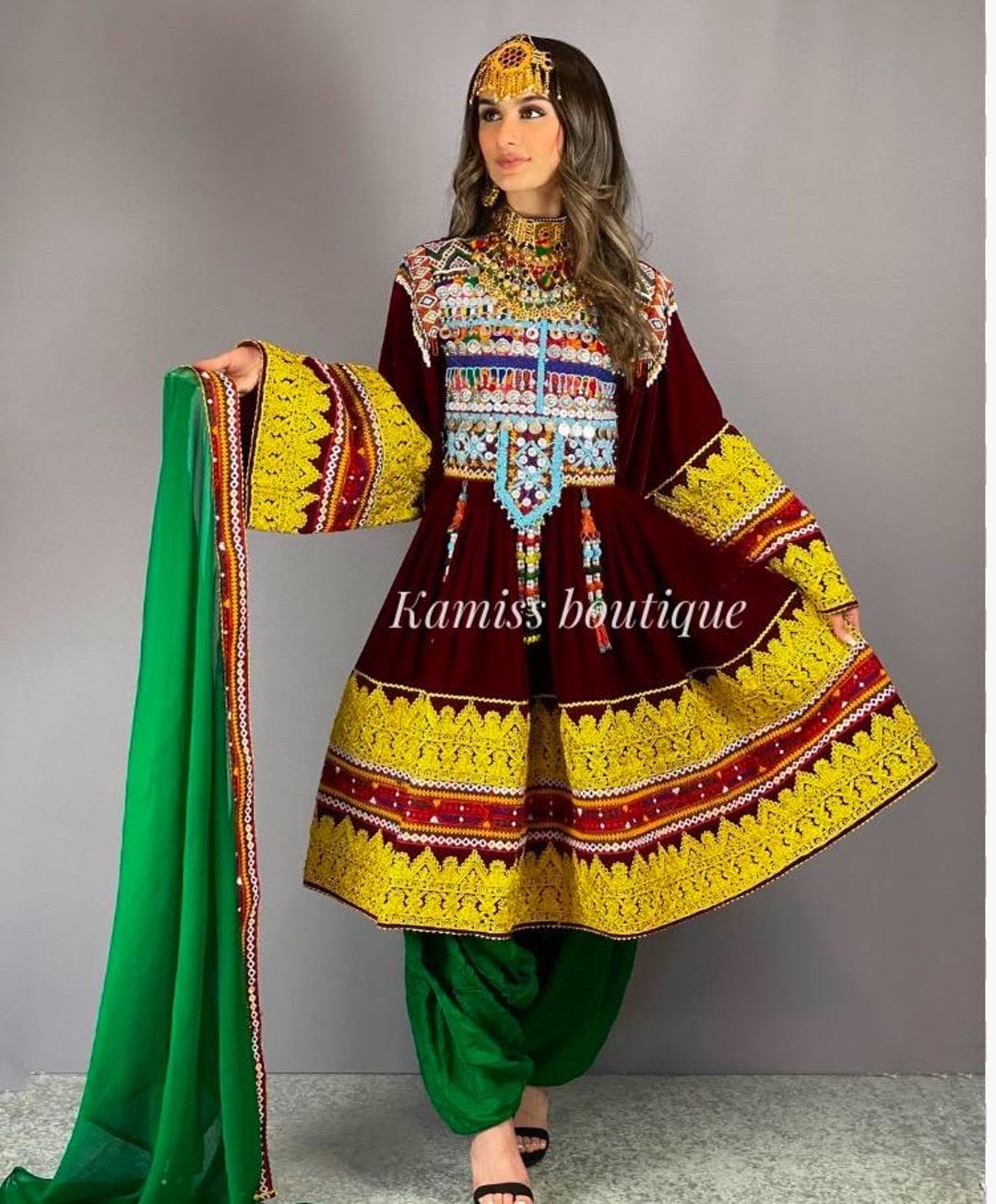 Afghan Kuchi Dress: Embroidered Gibi Shalwar, Banaras Fabric - Etsy