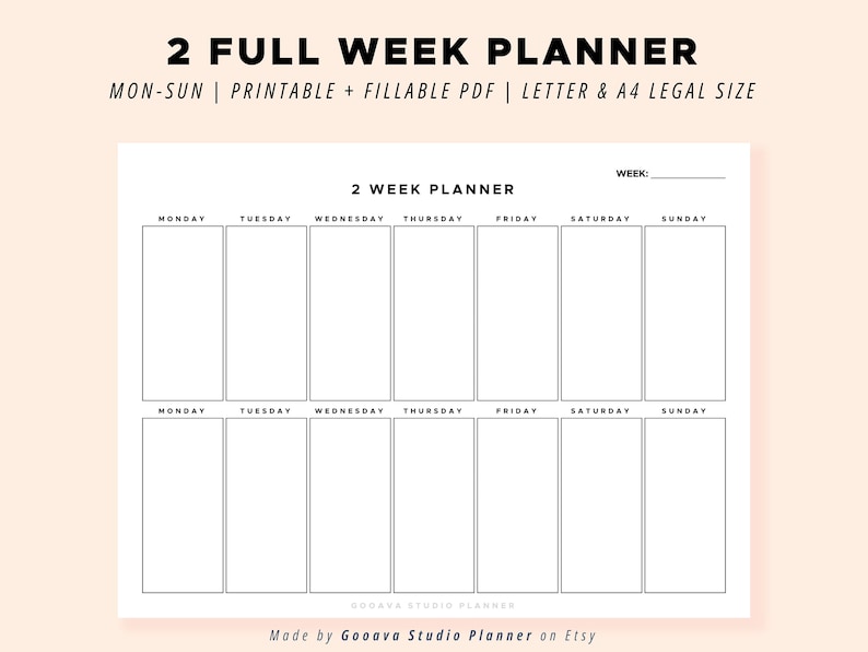 2 FULL WEEK Planner Blank Minimalistic Printable Landscape Schedule ...