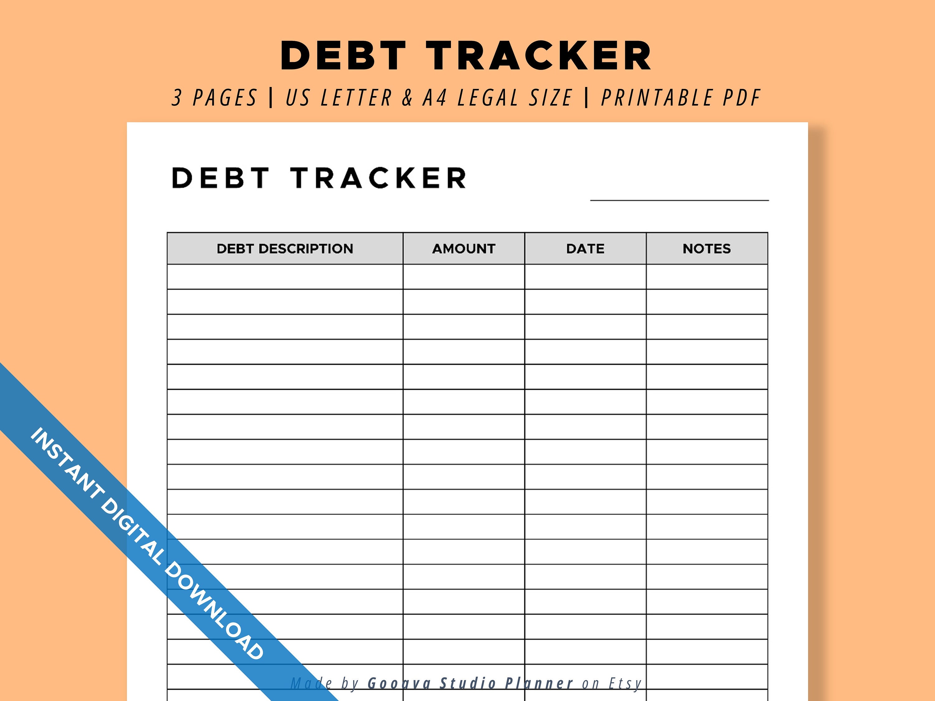 Debt Tracker Sheet Digital Download Printable Finance and Budget PDF to ...