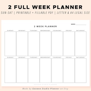 2 Full Week Planner Blank Minimalistic Printable Landscape Schedule ...