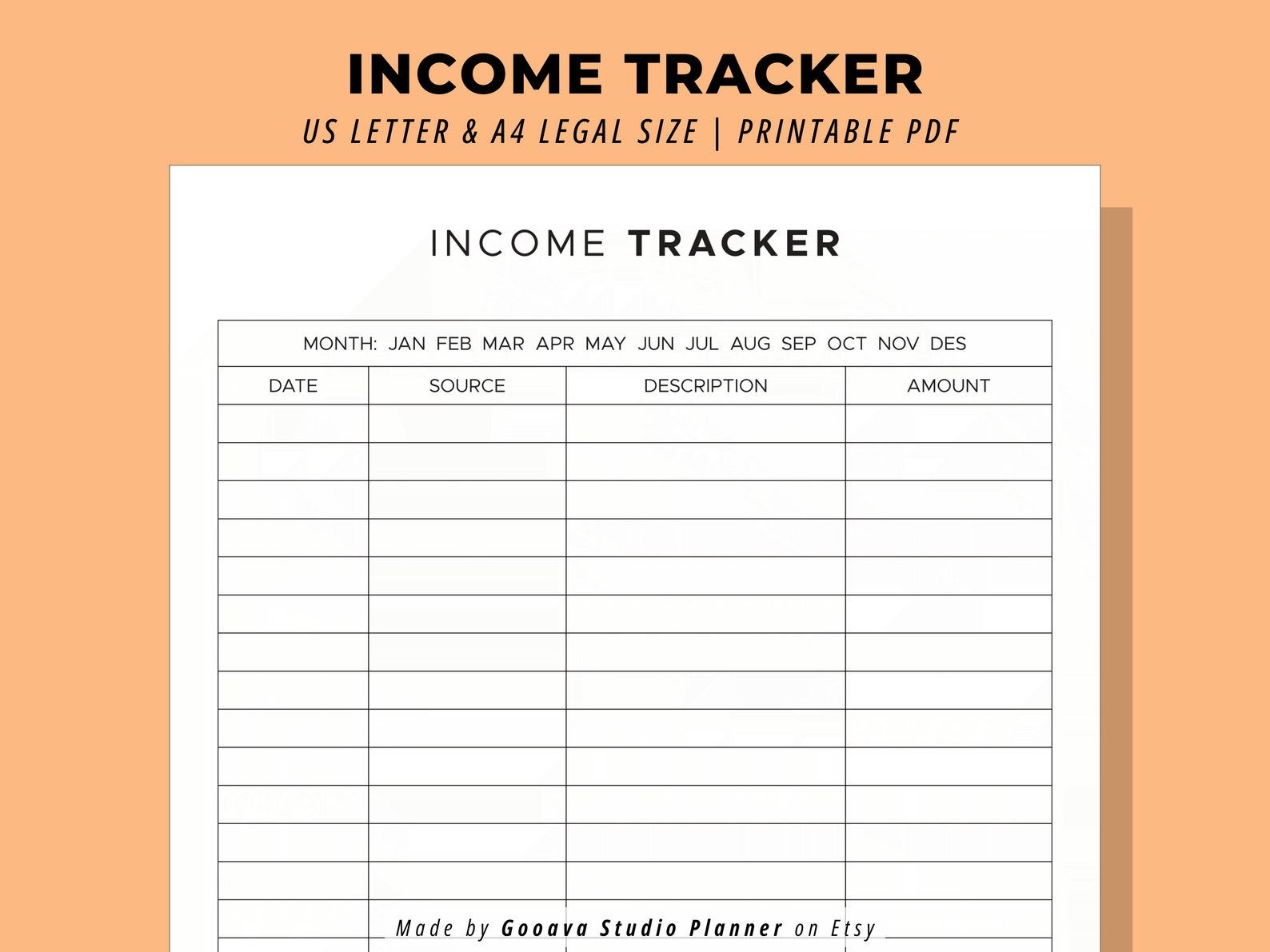 Income Log Tracker Printable for Monthly Income Earnings Overview ...