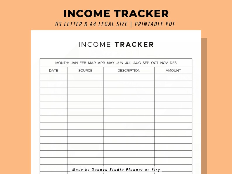Income Log Tracker Printable for Monthly Income Earnings Overview ...