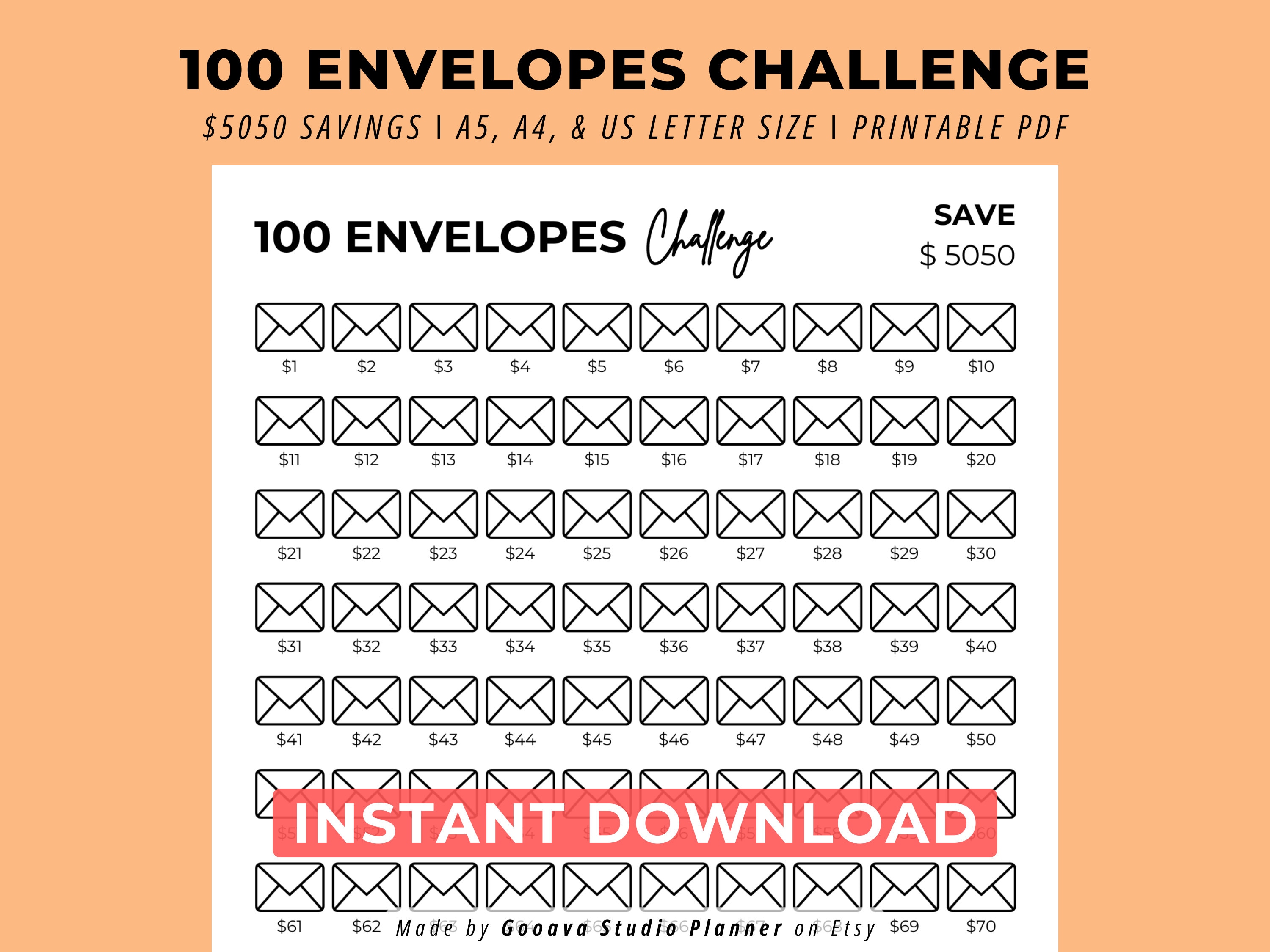 100 Envelopes Challenge Savings Goal Printable Digital Download, 5050 ...