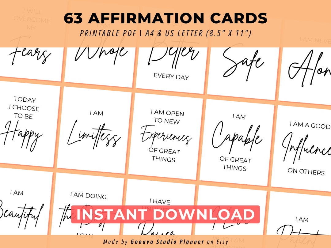 63 Positive Affirmation Cards Deck Printable PDF, Digital Cards for ...