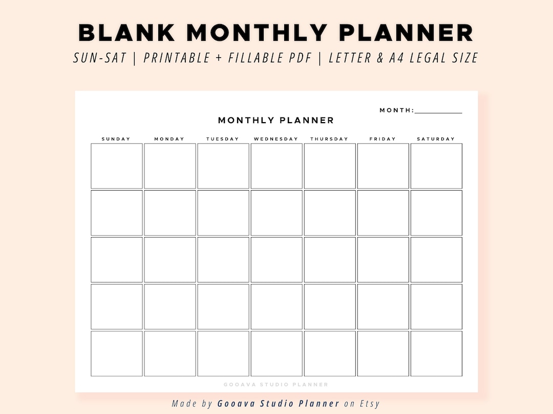 Blank Minimalistic Monthly Planner Printable Landscape Schedule ...