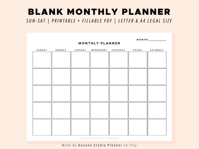 Blank Minimalistic Monthly Planner Printable Landscape Schedule ...