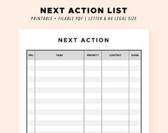 Next Action Dashboard, Next Actions, Printable, to Do List, Getting ...