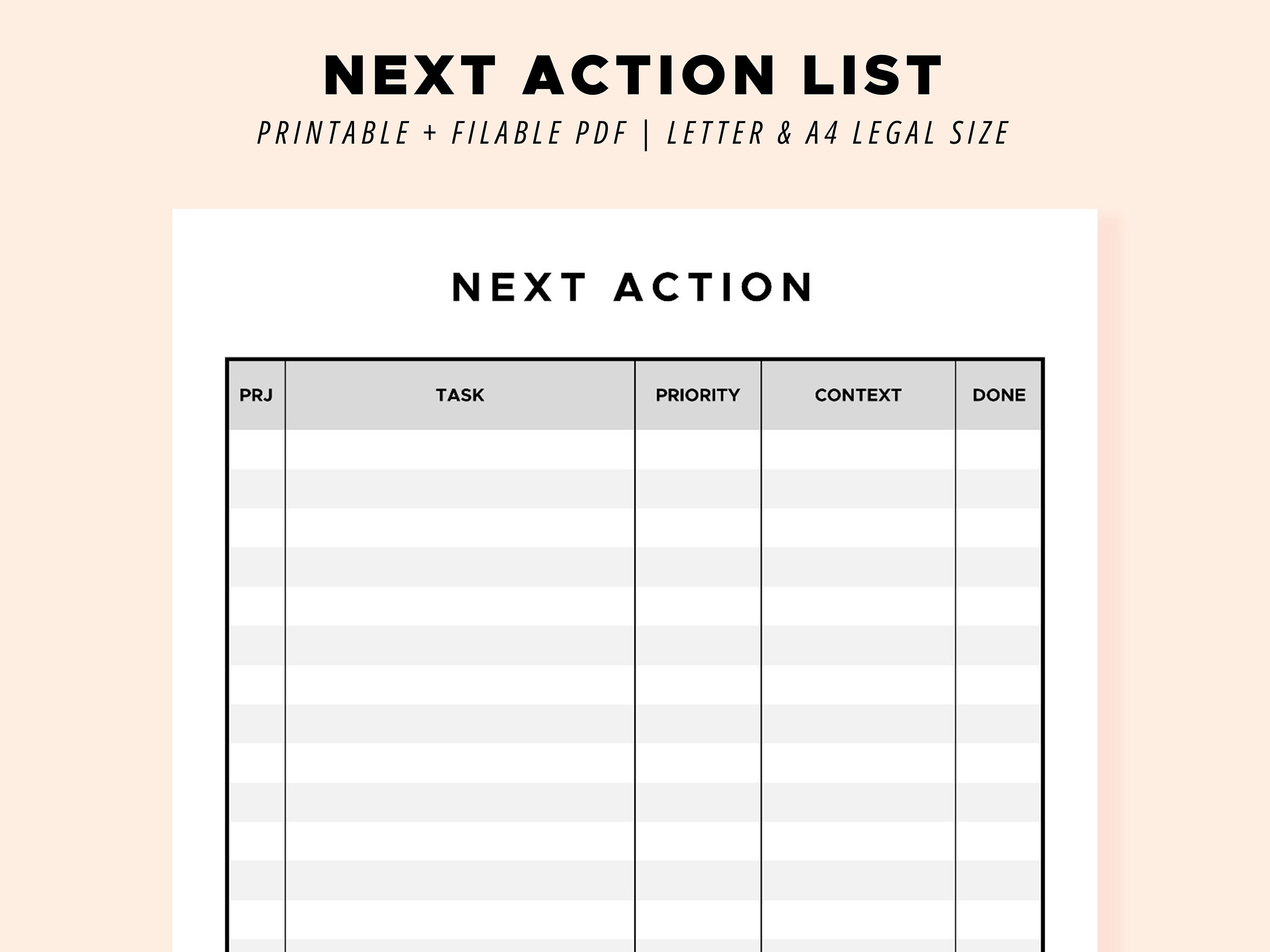 Next Actions List Getting Things Done Printable Editable - Etsy