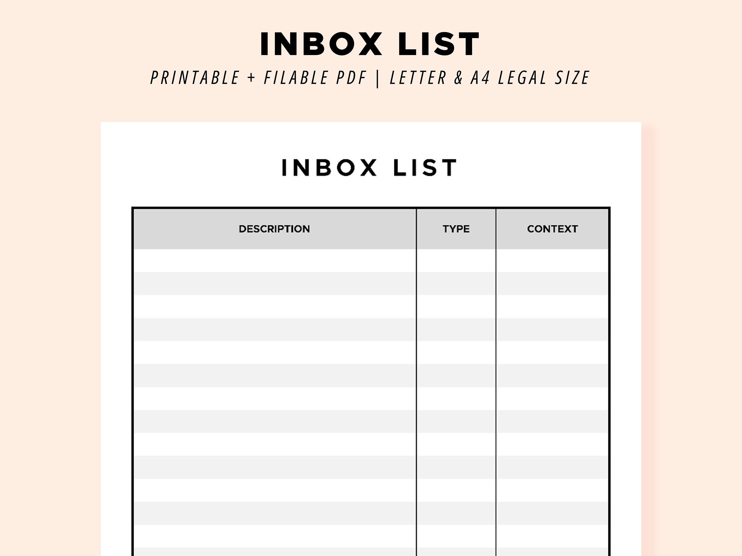 Inbox List Planner Getting Things Done Editable Printable - Etsy