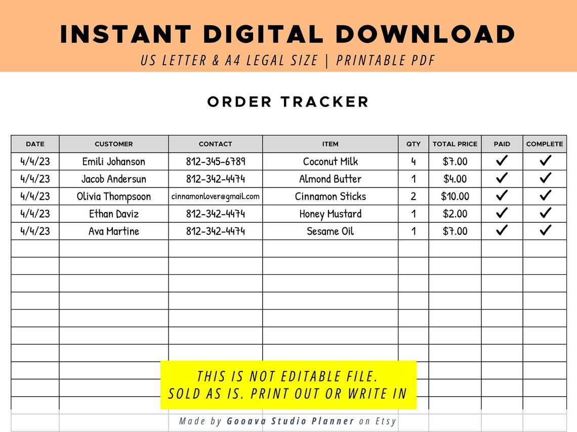 ORDER TRACKER Order Log Minimalist Instant Digital Download Printable ...