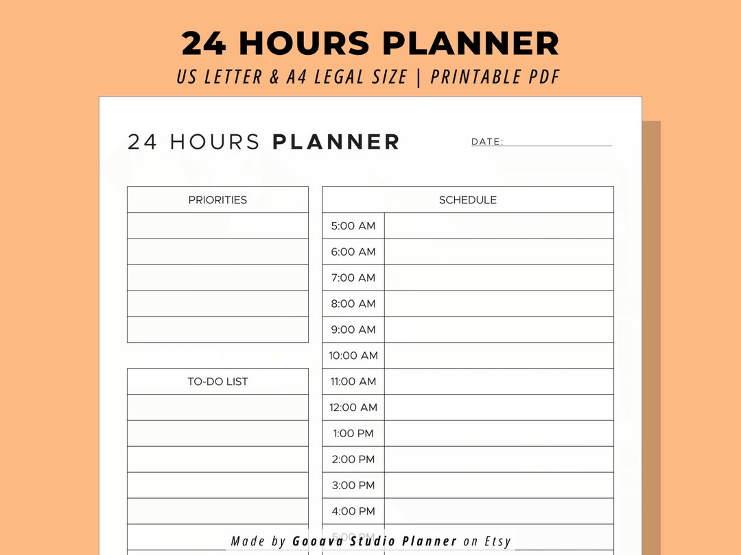 24 Hours Daily Planner Printable Daily to Do List for Work & Personal ...