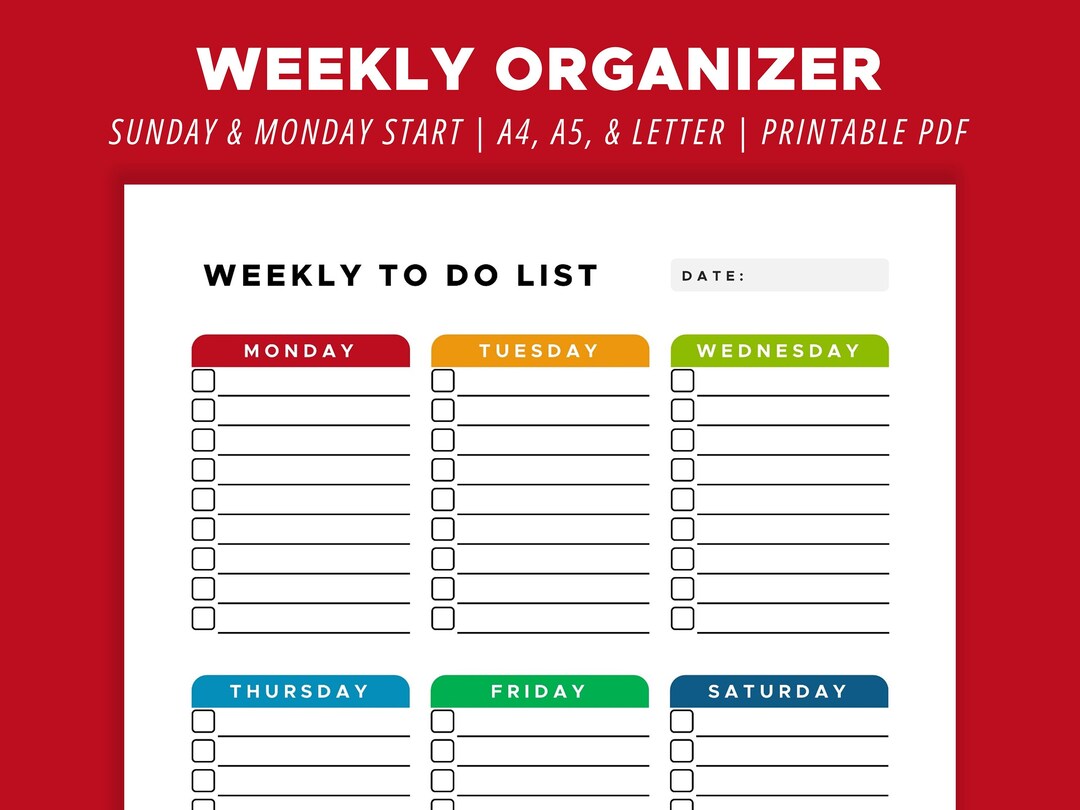 Colorful Weekly Planner Page to Do List, Minimalist Weekly Schedule ...