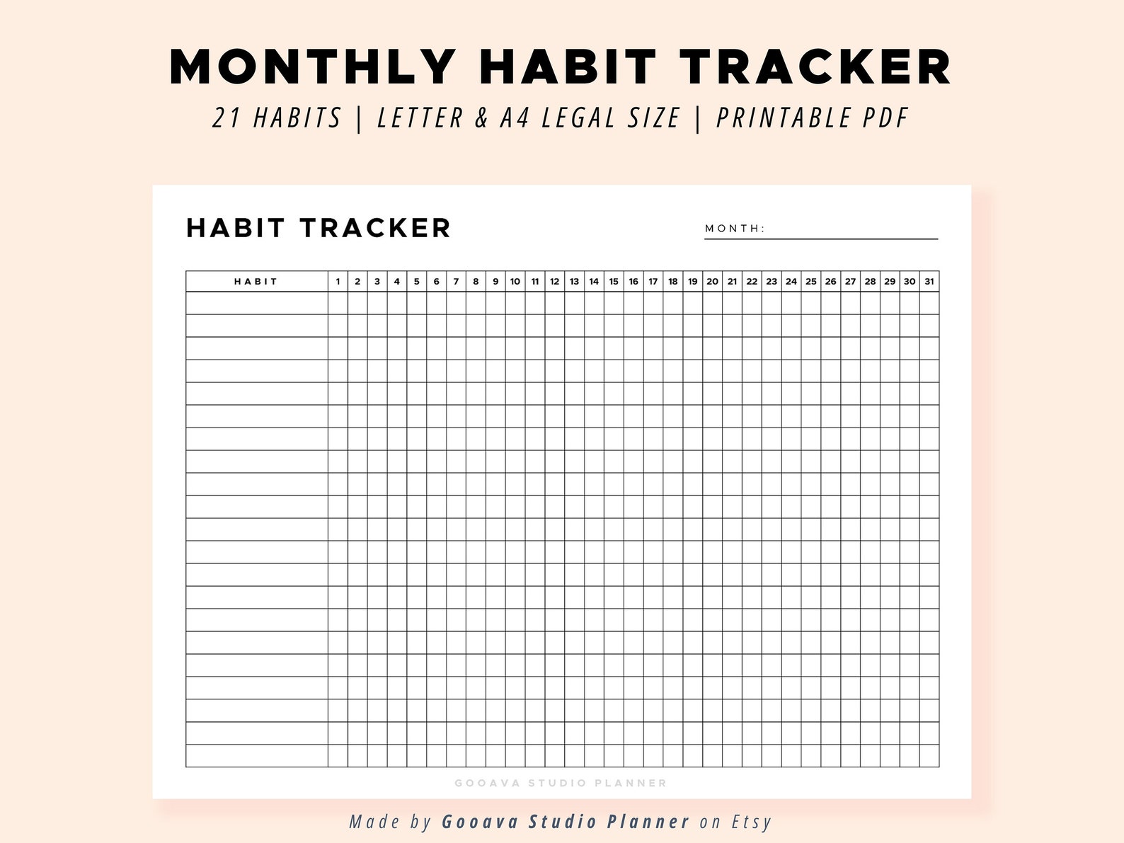 MONTHLY HABIT Tracker Blank Minimalistic Schedule Habit Tracker Instant ...