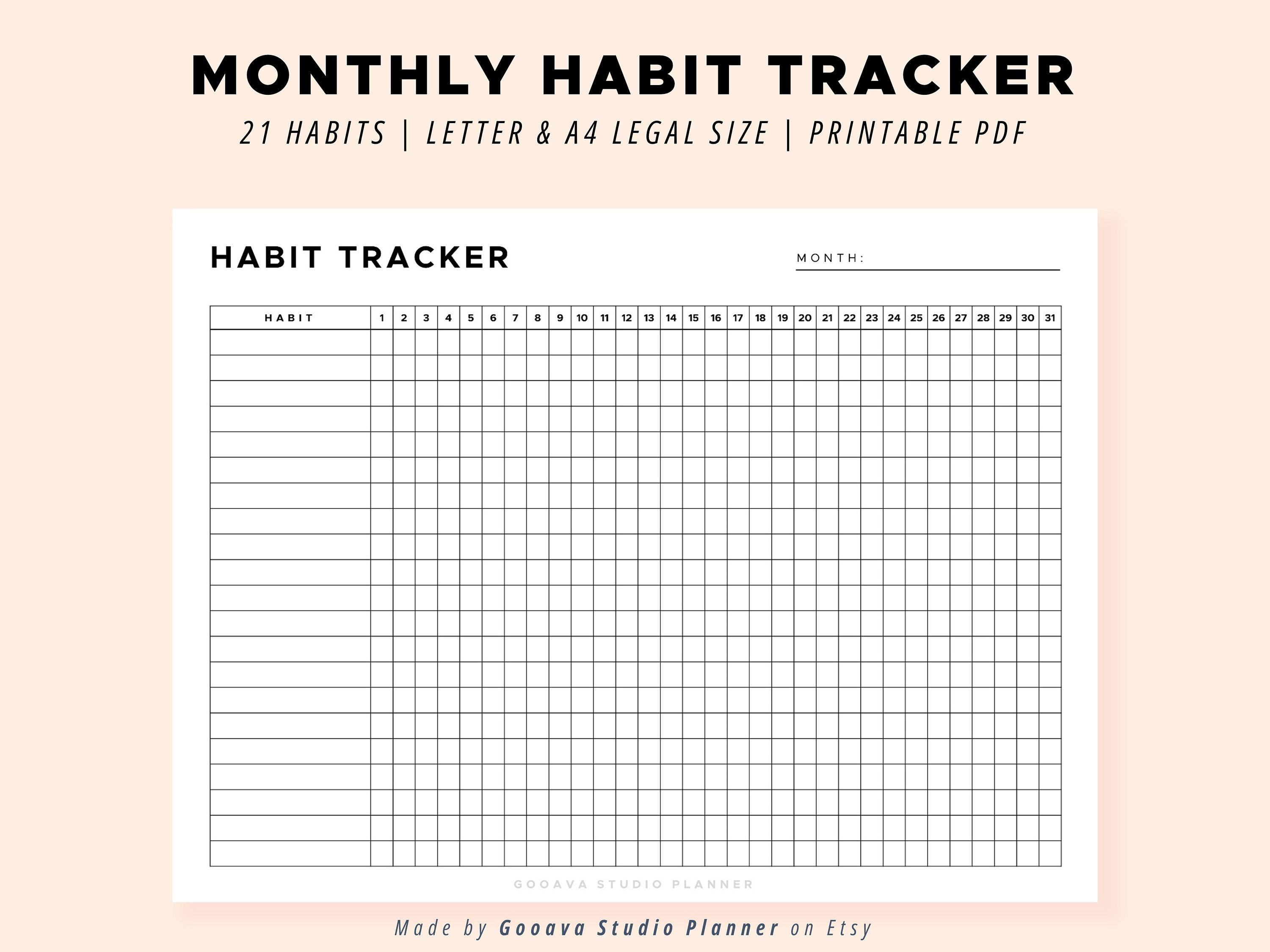 MONTHLY HABIT Tracker Blank Minimalistic Schedule Habit Tracker Instant ...
