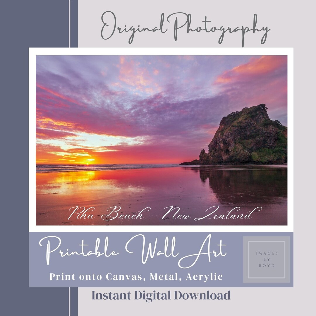 Piha Beach New Zealand NZ Sunset Photograph - Vibrant Wall Art Picture ...