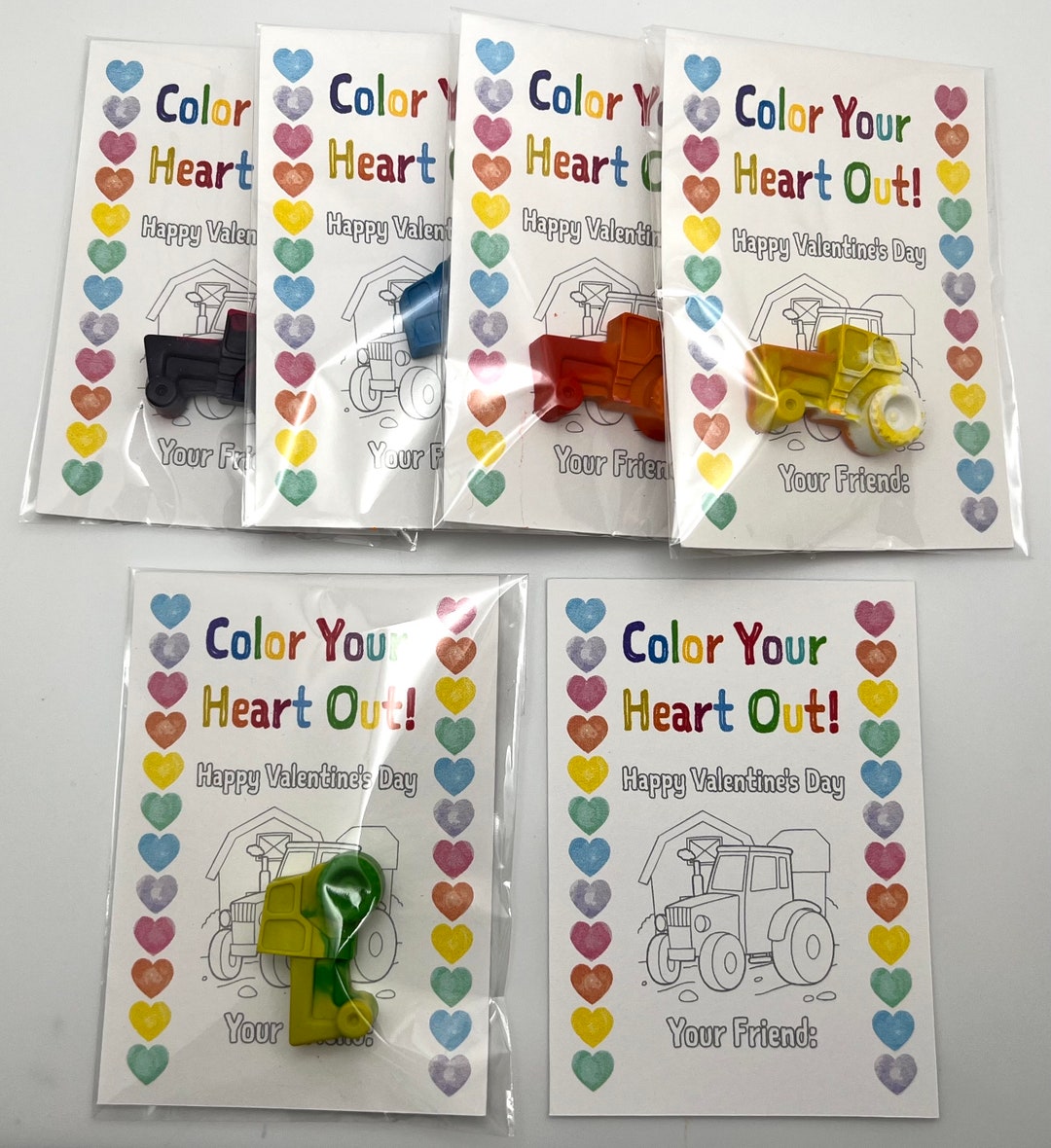 Tractor Crayon Valentines Cards, Class Valentines, Color Your Heart Out ...