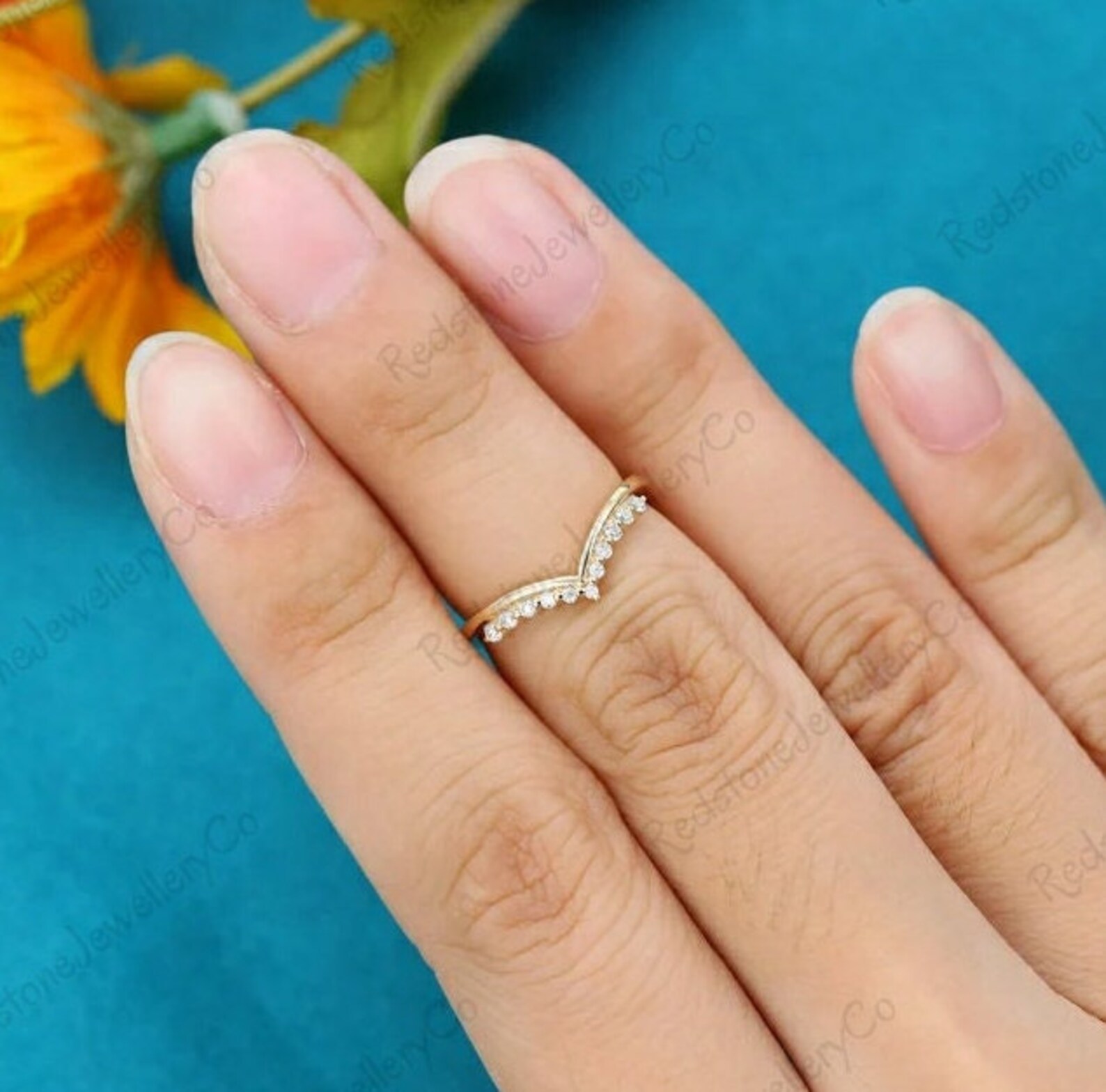 Art Deco V Band: 14K Rose, Yellow & White Gold Diamond Wedding Ring - Etsy